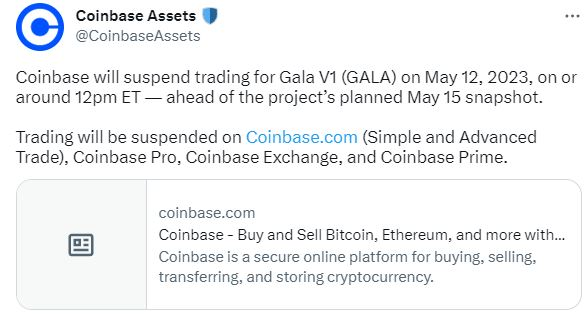코인베이스, 갈라(GALA) v1 거래 중단 .. 갈라 v2 에어드랍 지원 X - Cobak Coin Community,...